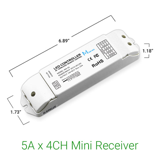 Mini RGBW Color Wheel RF Remote and Receiver Kit, 5-24VDC 5Ax4CH